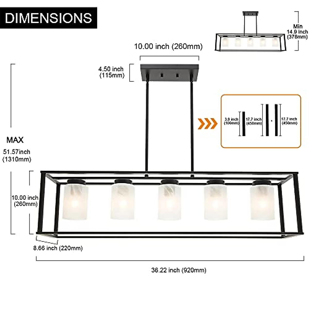 VINLUZ 5 Light Kitchen Island Chandeliers Farmhouse Black Linear Dining Rooms Lighting Fixtures Hanging with White Alabaster Glass Shade Rectangle Modern Industrial Pendant Ceiling Lights