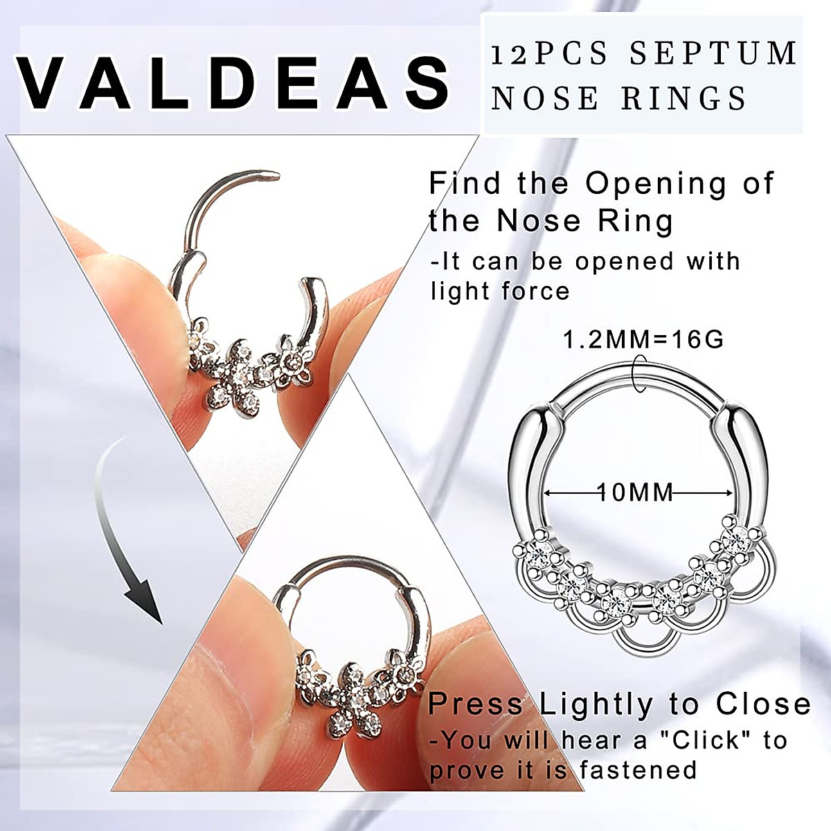12PCS 16G Septum Clicker Ring 316L Stainless Steel Septum Ring CZ Opal Cartilage Helix Tragus Hoop Daith Earrings Hinged Segment Clicker Ring Zirconia Nose Rings Hoop 10MM Nose Piercing Jewelry Silver