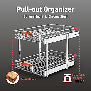 Mount Walker Individual Pull Out Cabinet Organizer(11" W x 21" D), 2 Tier Wire Basket Slide Out Shelf Storage with Wood Handle for Base Cabinet, Pull Out Shelf Drawers for Kitchen, Chrome