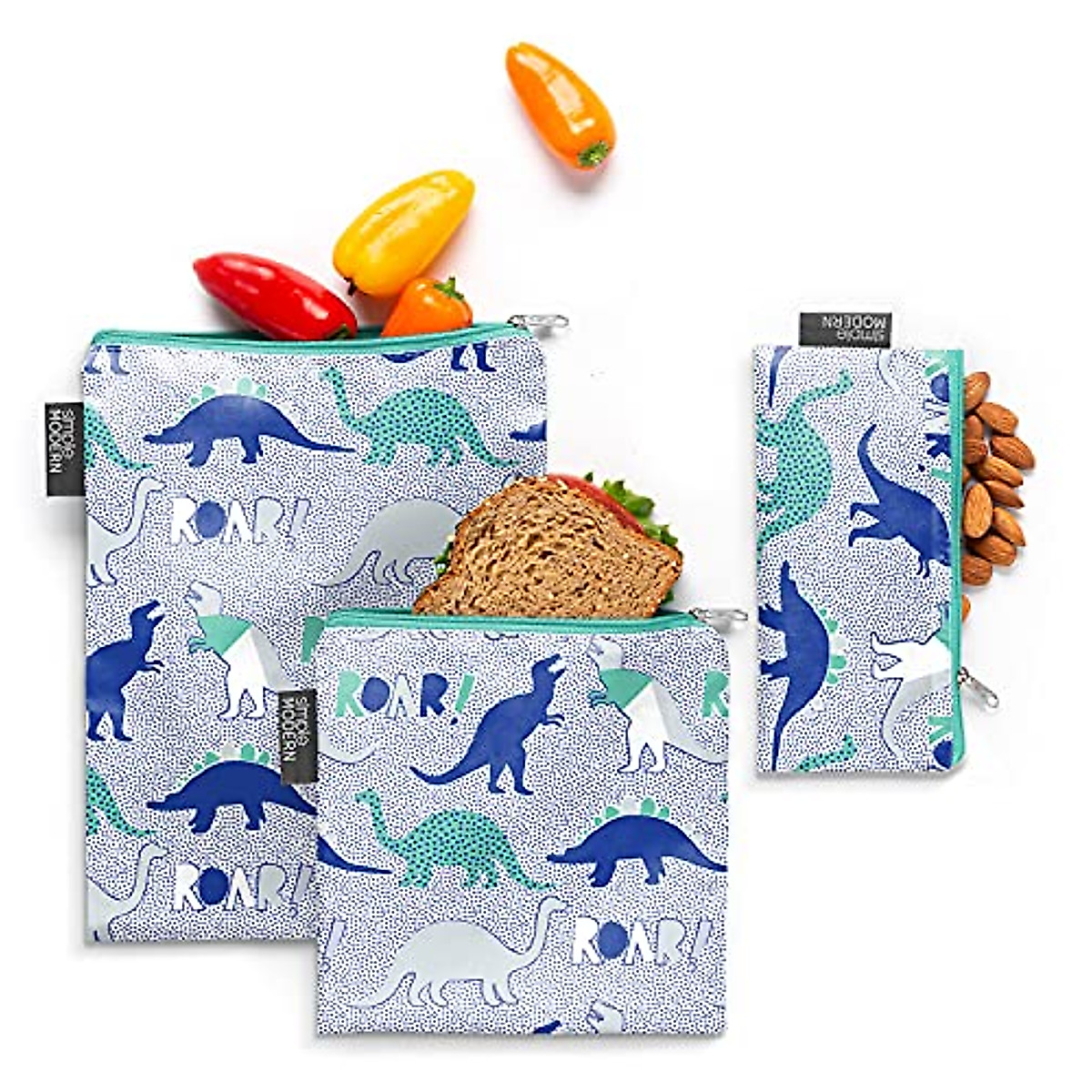 Simple Modern Reusable Snack Bags for Kids, Boys | Food Safe, BPA Free, Phthalate Free, Polyester Zip Pouches | Washable & Refillable Sandwich Bag | Ellie Collection | 3 pack | Dinosaur Roar