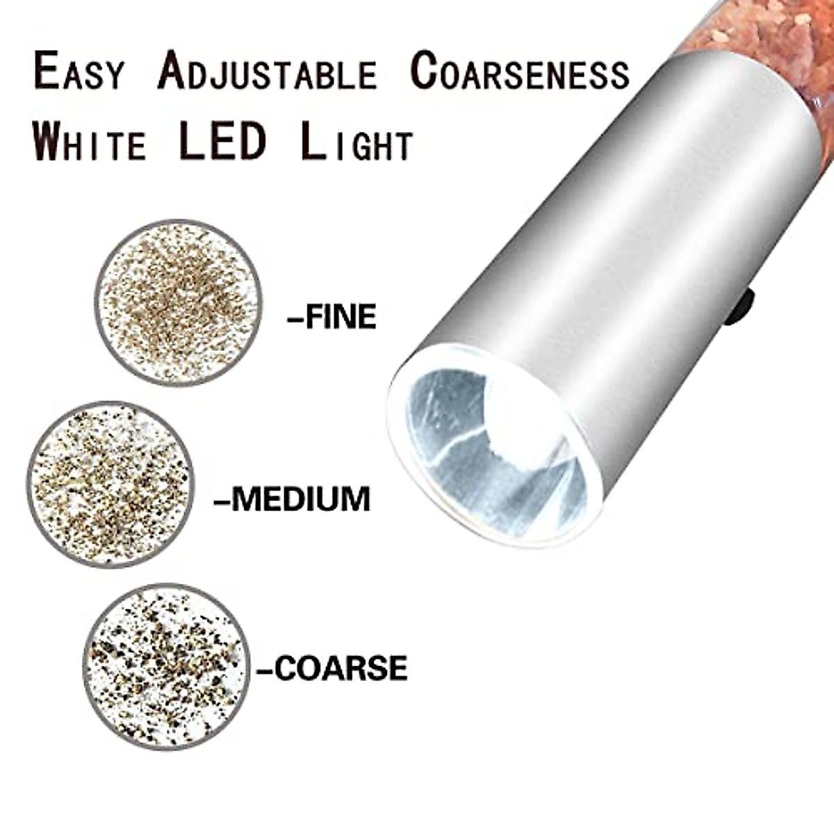 USB Rechargeable Electric Gravity Salt and Pepper Grinder Set with Adjustable Coarseness Automatic Pepper and Salt Mill Set with White LED Light,One Hand Operated,Brushed Stainless Steel by CHEW FUN