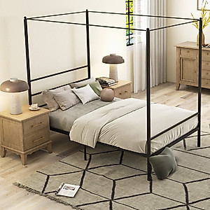 GOFLAME Full Size Metal Canopy Platform Bed Frame, Modern Canopy Bed with 4 Posters, Underbed Storage, Mattress Foundation with Steel Slat Support and Headboard, Easy Assembly, No Box Spring Needed