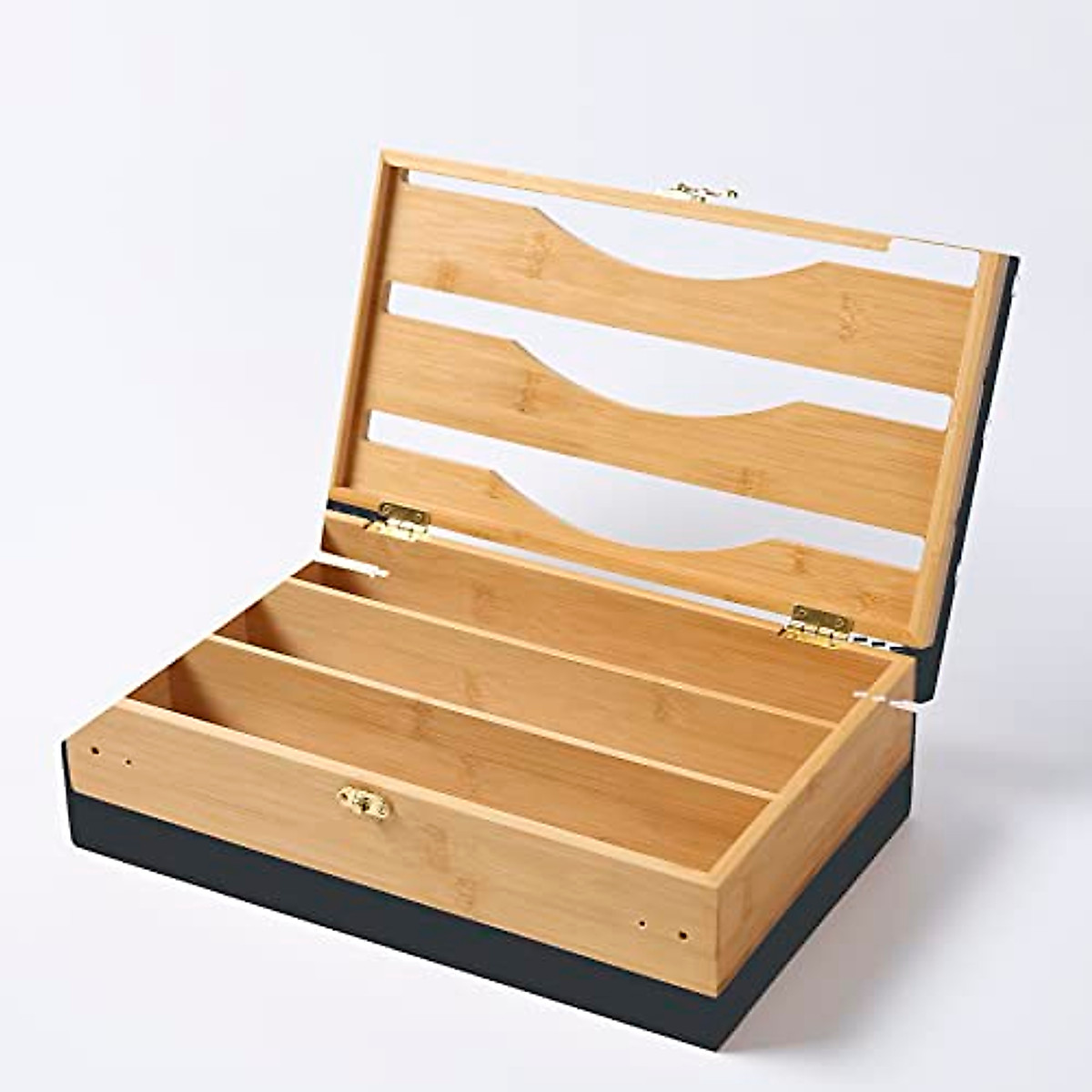 Plastic Wrap Organizer – 4-in-1 Wrap Dispenser with Cutter, Paper Towel Holder for Kitchen Durable Bamboo Foil Dispenser for 12” Plastic Wrap, Aluminum Foil, Wax Paper Kitchen Roll Organizer