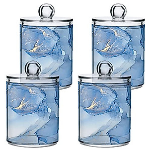 2 Pack Qtip Holder Organizer Dispenser Blue Marble Ink Modern Fluid Art Bathroom Storage Canister Cotton Ball Holder Bathroom Containers for Cotton Swabs/Pads/Floss