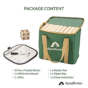 ApudArmis Giant Tumble Tower (Stack from 2Ft to Over 4.2Ft), 54 PCS Pine Wooden Stacking Timber Game with 1 Dice Set - Classic Block Giant Outdoor Game for Teens Adults Family