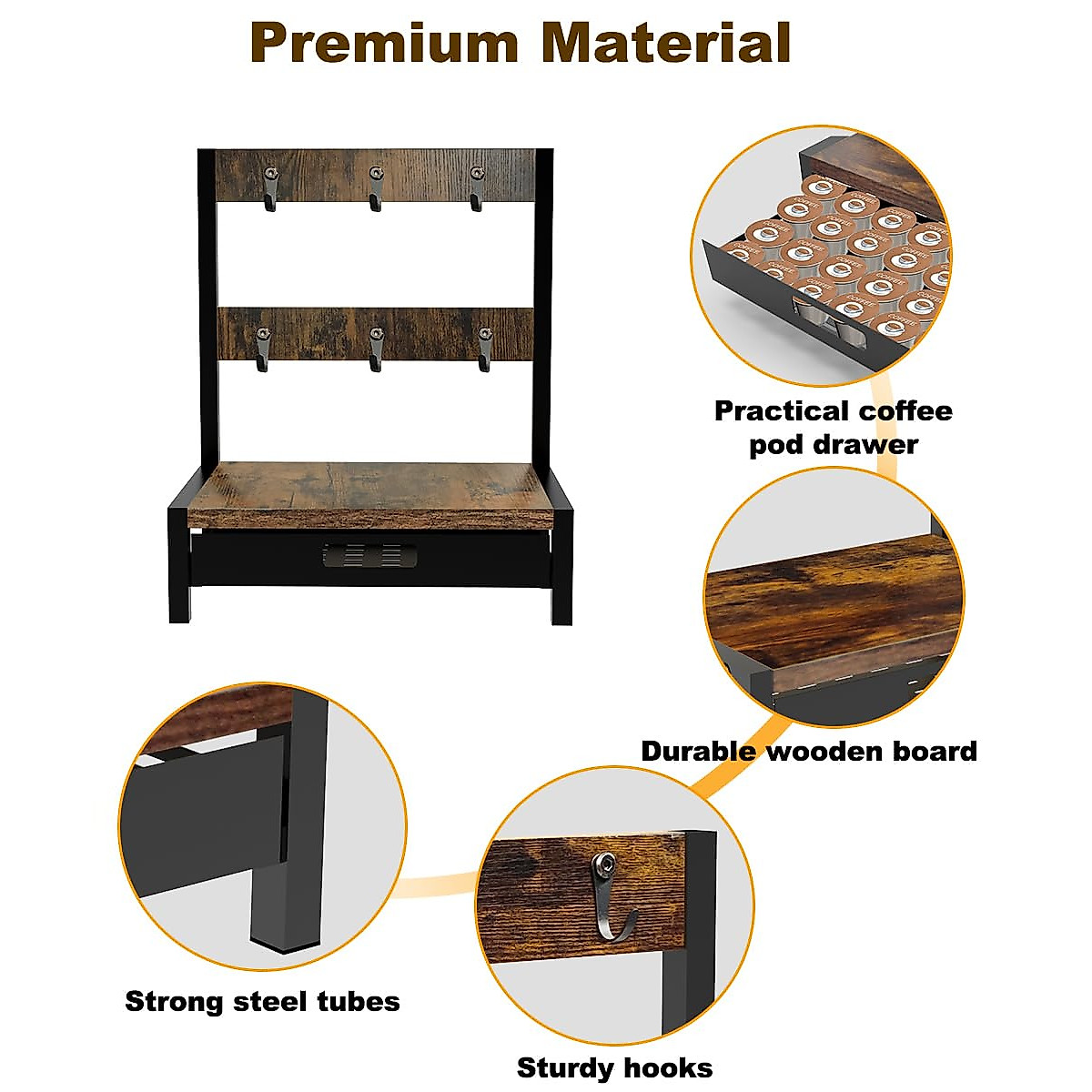 waaliji Coffee Mug Holder for Countertop, Coffee Pod Drawer Tray Station with 6 Hooks and 35 Capsules Capacity, Rustic Wood Cup Hanger Organizer for Kitchen Coffee Bar, Black