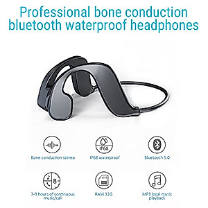 IKXO Bone Conduction Headphones Swimming Waterproof IP68 Wireless Bluetooth Sports Over Open Ear Lightweight Fitness Running Noise Cancelling Sweat Proof no Earplugs for MP3 Player (Black)