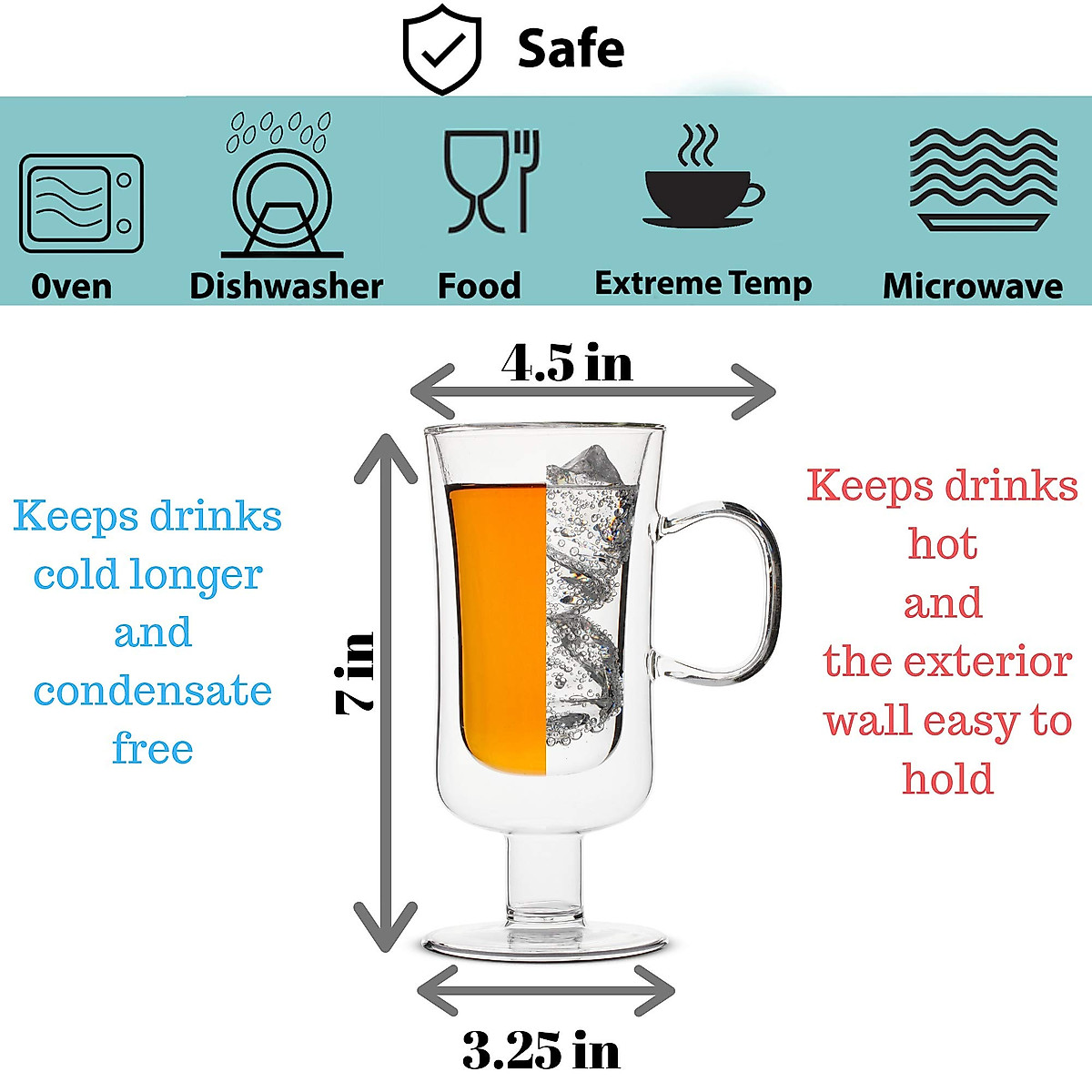 BTaT- Irish Coffee Mug, Coffee Glass, Set of 4 (10oz, 300ml), Double Wall Glass Irish Coffee Cup, Tea Cups, Latte Cups, Glass Coffee Mug, Beer Glasses, Latte Mug, Clear Mugs, Christmas Gifts