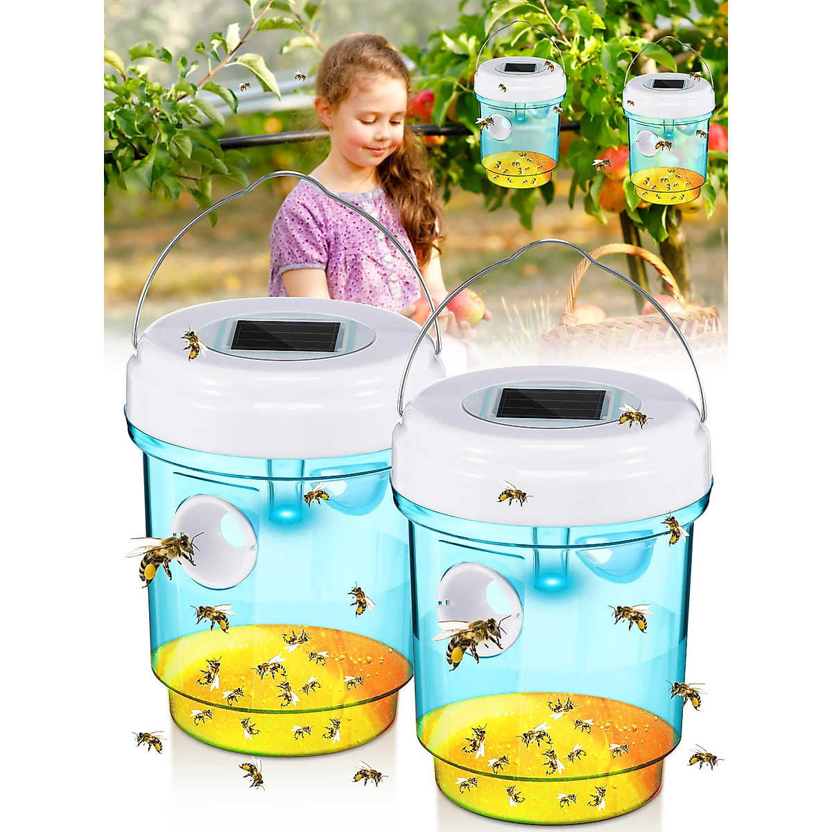 2 Pack Wasp Traps Outdoor Hanging Fly Traps with UV LED Light Solar Powered Hornet Trap Non-Toxic Reusable Hornet Traps Wasp Killer for Indoor Outdoor Patio Garden Home (Blue)