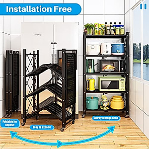 YKLSLH 5-Tier Collapsible Shelves Heavy Duty Folding Shelves Storage Rack with Wheels Portable Storage Shelving Unit for Garage Kitchen Holds up to 1250 lbs Capacity, Black