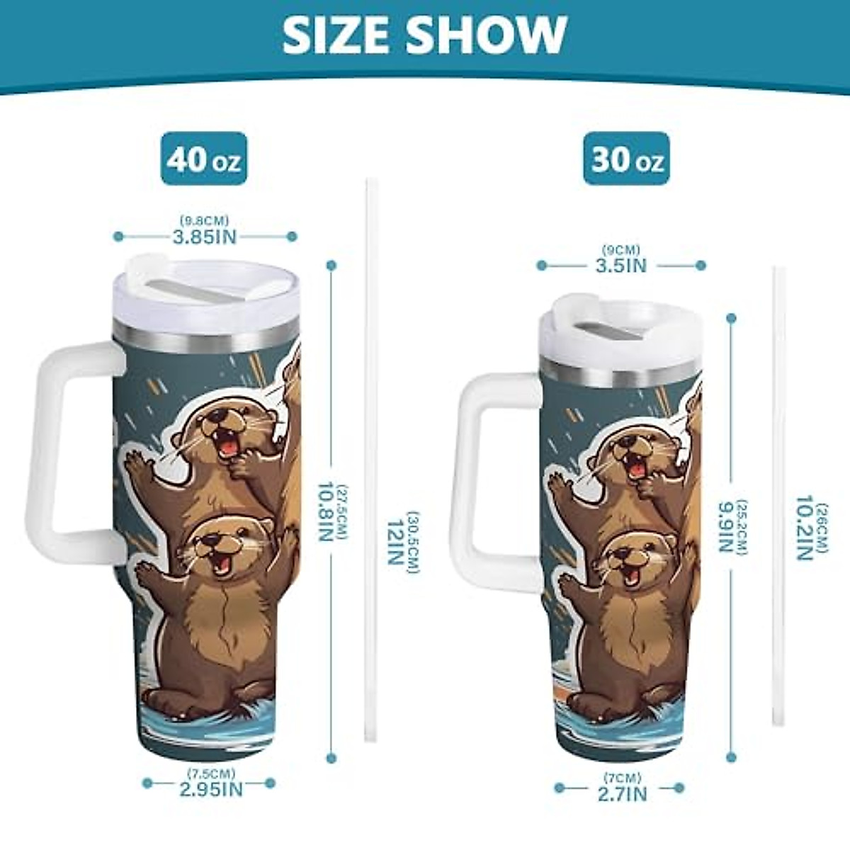 Exnundod 40 oz Tumbler with Handle Cheerful Sea Otters Insulated Stainless Steel Cup with Lid and Straw Travel Cup Leak-proof Fits in Car Cup Holder for Iced & Hot