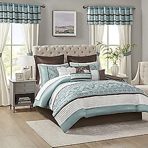 Madison Park Essentials Jelena Room in A Bag Faux Silk Comforter Classic Luxe All Season Down Alternative Bedding, Matching Bedskirt, Curtains, Decorative Pillows, Queen(90"x90"), Seafoam 24 Piece