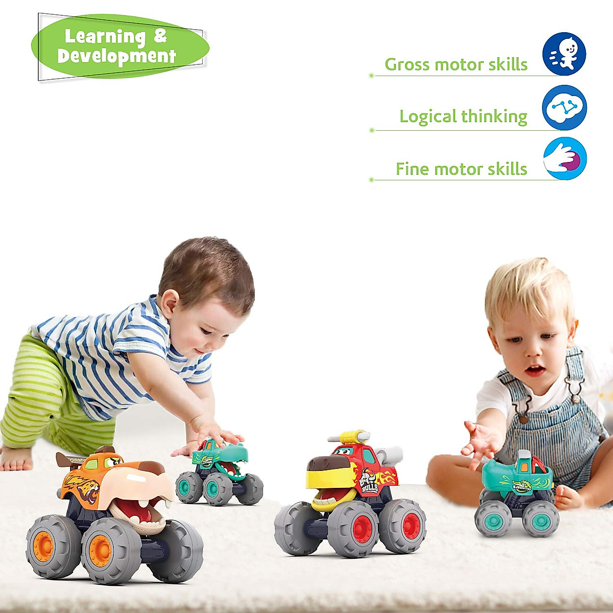 MOONTOY Toy Cars for 1 2 3 Year Old Boys, 3 Pack Friction Powered Cars Pull Back Toy Cars Set - Bull Truck, Leopard Truck, Crocodile Trucks, Push and Go Toy Cars for Toddler Boys Baby Gift.