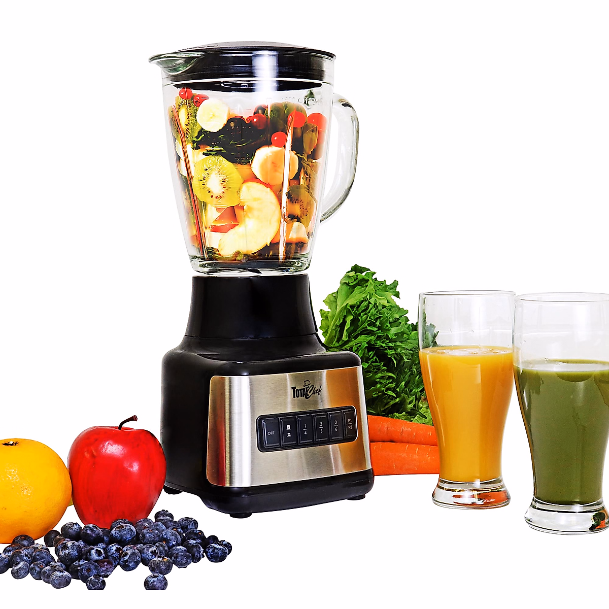 Total Chef 6-Speed Countertop Blender, 6 Cup (1.5L) Glass Jar, 2 Pulse Options, 500 W, Stainless Steel Blades, Auto-Clean Function, Puree, Crush, Blend For Smoothies, Shakes, Dips, Black and Silver