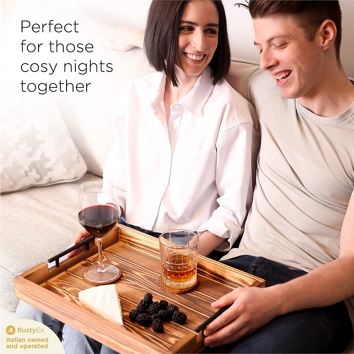 RustyEx Pine Wood Serving Tray - Metal Handles Rectangular Breakfast Tray 17x13x2 inches with Extra Bamboo Cutlery Sets, Rustic Coasters, Elegant Napkin Holders Good for Eating, Working, Storing