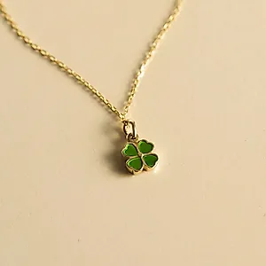GELIN 14K Gold Enamel Green Clover Necklace | 14k Solid Gold Four Leaf Clover Neclace for Women, 18"