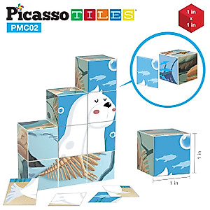 PicassoTiles 1” Magnetic Puzzle Cubes for Kids, 3D Sea Ocean Animal 63pcs Exploration Blocks, Kids Focus Learning & Stacking Toys, STEM Educational Preschool Toddler Classroom Activity, Boys Girls