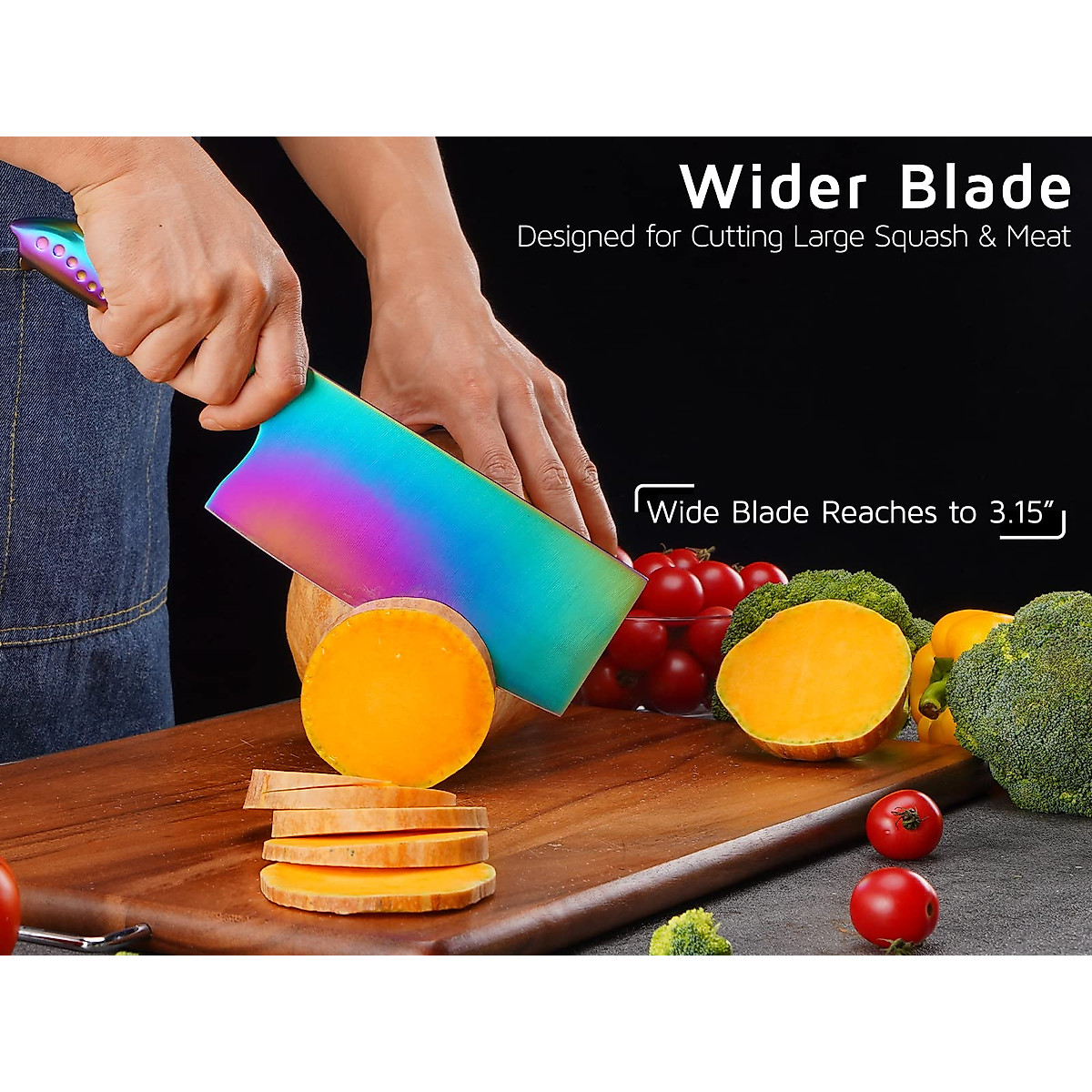 WELLSTAR Rainbow Meat Cleaver, 7 inch Iridescent Chinese Meat Vegetable Butcher Knife, Super Sharp German High Carbon Stainless Steel Chef’s Kitchen Knife with Ergonomic Handle for Home Restaurant