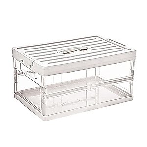 Radefasun L Size Clear Foldable Storage Bins with Lids Plastic Collapsible Storage Box Portable Stackable Grocery Toys Books Container Folding Latching Storage Crate for Indoor Outdoor Car Trunk White