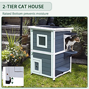 PawHut Outdoor Cat House with Escape Door, Weatherproof 2-Story Wooden Feral Cat Shelter with Opening Asphalt Roof, Dark Gray