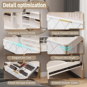 WESTREE Modern Makeup Vanity Desk with Glossy Desktop,Bedroom Home Office Writing Desk with Drawers, Storage Shelf, Gold Metal Frame for Dressing Table Without Mirror