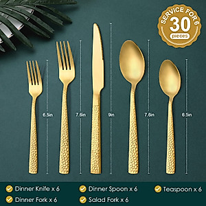Hammered Gold Silverware Set, OGORI 30-Piece Food Grade Stainless Steel Matte Gold Flatware Set with Square Handle, Service for 6, Tableware Cutlery Set for Home and Restaurant, Dishwasher Safe