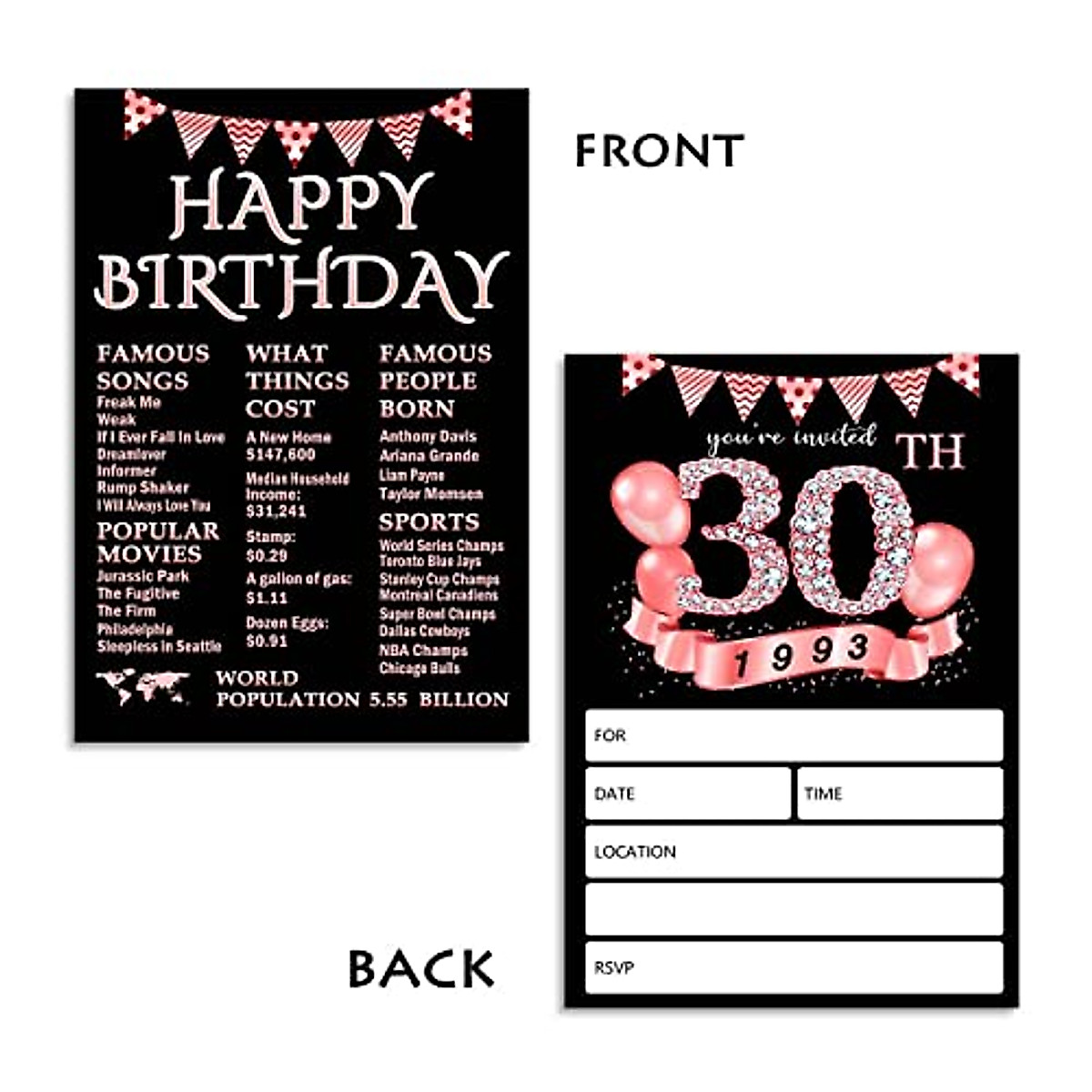 QZCYU 30th Birthday Invitations with Envelopes For Woman, 30th Birthday Party Invitations, Black & Rose Gold Adult Birthday Invitations - Set of 20