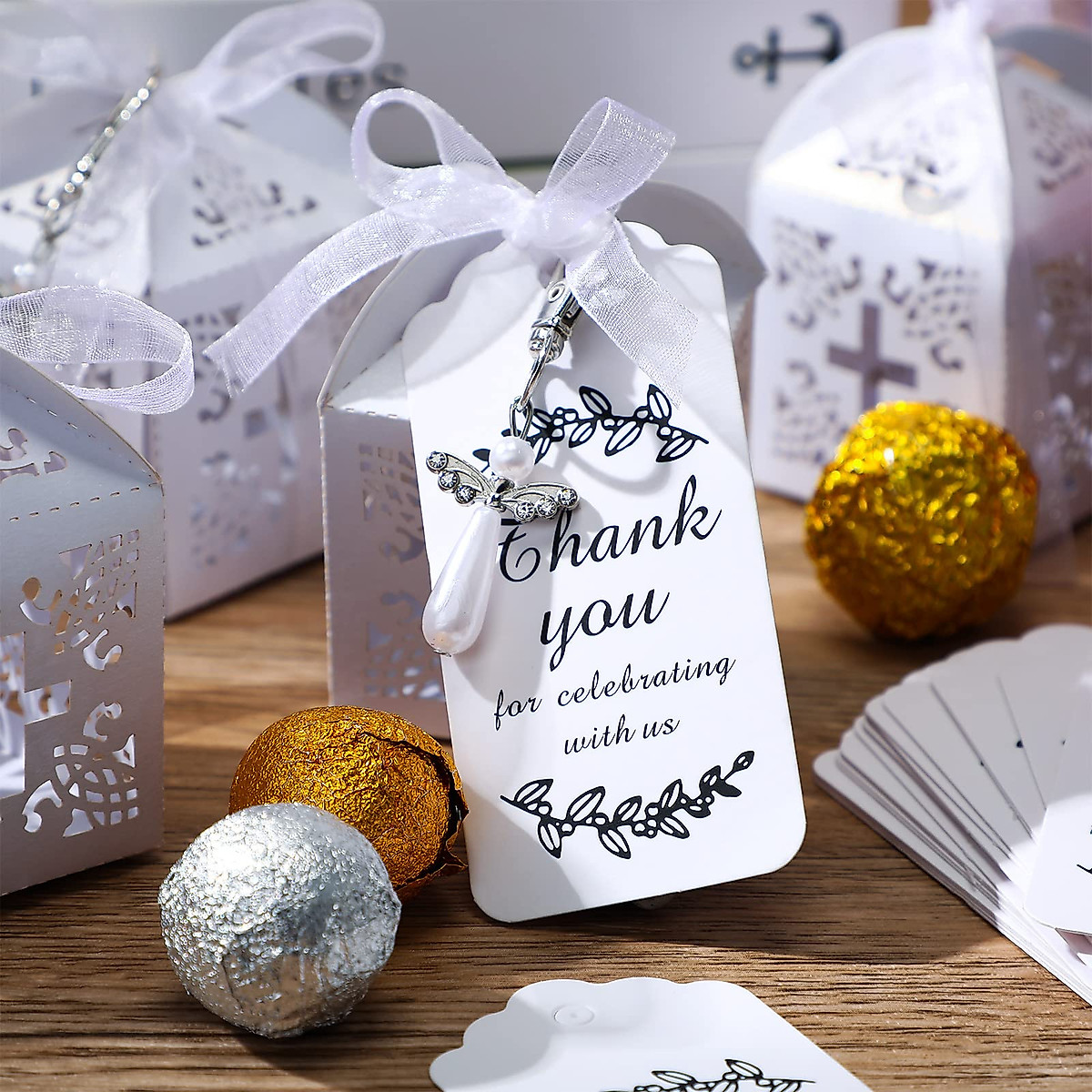 Outus 60 Pcs Baptism Party Favors for Guest Boy Girl Baby Shower Favors Bulk 20 Angel Pendant Keychains Decoration 20 Thank You Tags 20 Cross Shape Boxes for First Communion Holy Return Gifts(White)