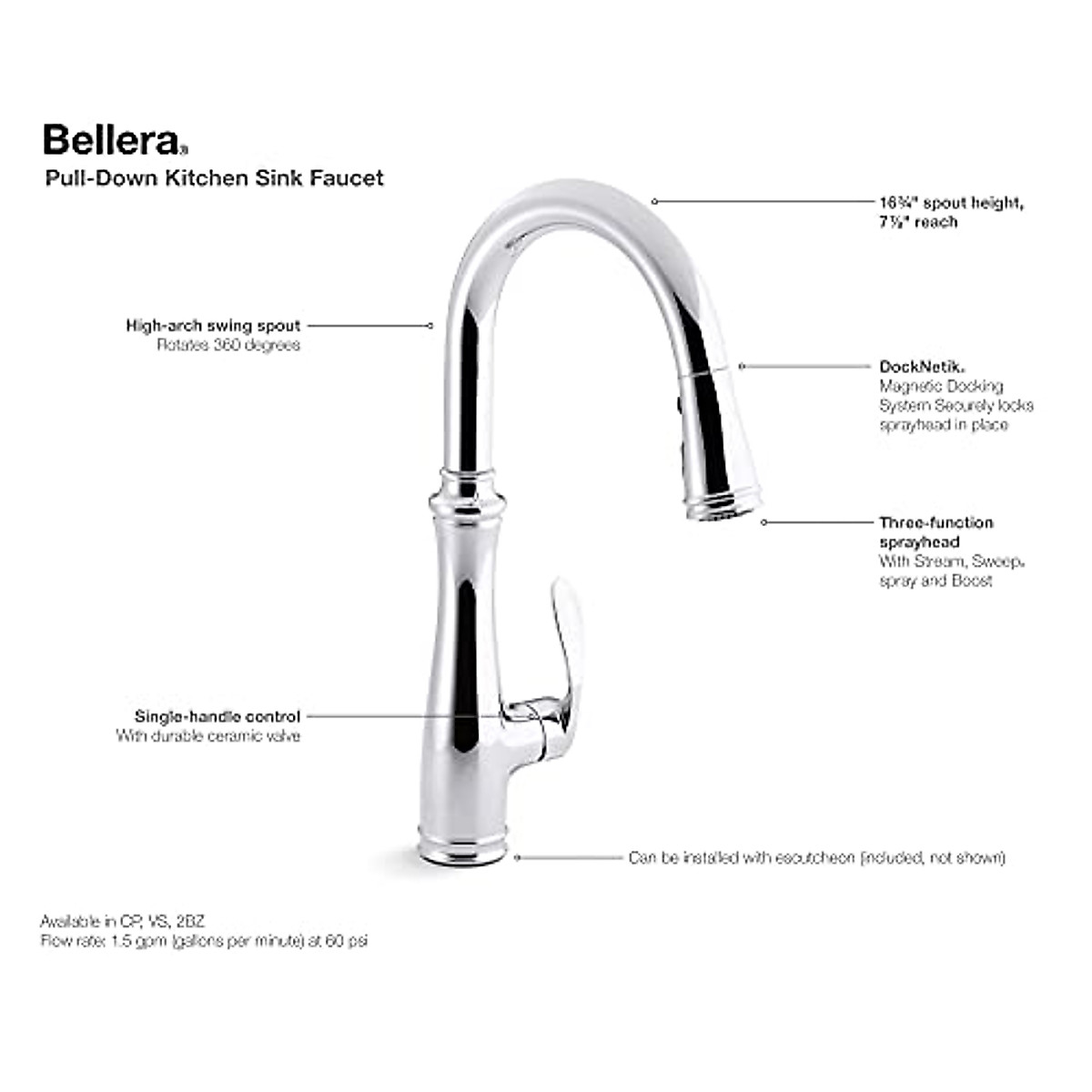 KOHLER Bellera Pull Down Kitchen Faucet, Kitchen Sink Faucet with Pull Down Sprayer, 3-Spray Faucet, Vibrant Stainless, K-560-VS