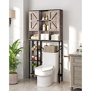 CHOEZON Over The Toilet Storage, Farmhouse Bathroom Storage Cabinet, Over Toilet Shelf with Storage Cabinet, Bathroom Organizer with Hooks, for Bathroom, Restroom, Charcoal Gray and Black TTS01HC