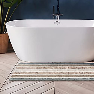 THE BEER VALLEY Alpine Stripe Bath Rug Runner 24x60 Inches Grey Beige - Soft & Absorbent Anti-Slip Long Bathroom Mat - Cotton Rug for Kitchen, Hallway, Bedroom
