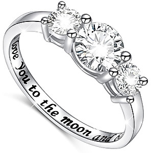 Ladytree Wedding Promise Engagement Rings for Women Her Girlfriend 3 Round Cubic Zirconia CZ Stones S925 Sterling Silver Size 8 Engraved I love you to the moon and back