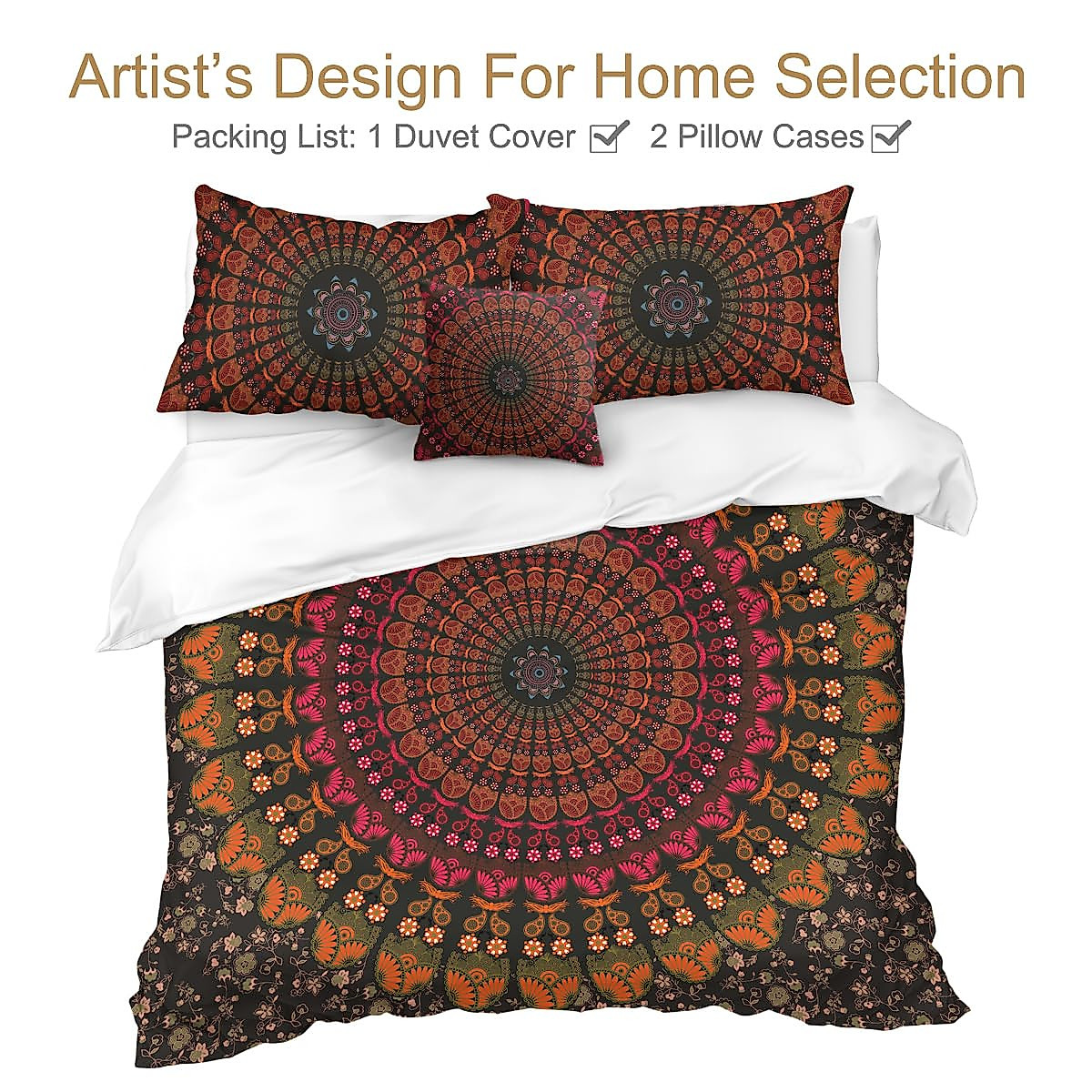 Sleepwish 4pcs Bohemian Duvet Cover Set Full Size for Kids Boys Girls Soft Paisley Black Orange Mandala Bedding Set, 1 Duvet Cover 2 Pillowcases 1 Cushion Cover