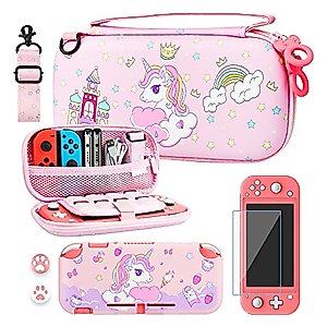 RHOTALL Carrying Case for Nintendo Switch Lite, Cute Case Cover Accessories Bundle for Switch Lite with TPU Protective Shell, Adjustable Shoulder Strap, Screen Protector and 2 Thumb Caps - Unicorn