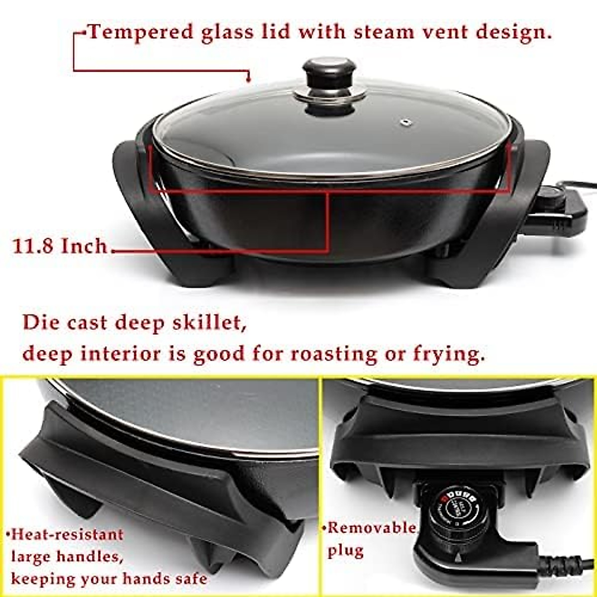 Moss & Stone Round Nonstick Electric Skillet With Lid, Aluminum 12 Inch Electric Frying Pan, 2 Layers Of Non-Stick Coating, Adjustable Temperature Control, Lid With Steam Vent, Electric Deep Skillet