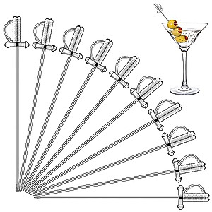 10 Pieces Stainless Steel Cocktail Picks Toothpicks 4.3 Inch Sword Metal Martini Drink Pick Sticks Appetizer Resuable Skewers Food Fruit Cocktail Toothpicks for Birthday Wedding Beach (Silver)