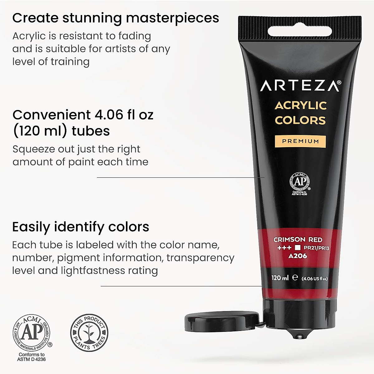 ARTEZA Acrylic Paint Set of 14 Colors, 4.06 Ounce Tubes, Non-Toxic Acrylic Artist Paints. Art Supplies for Painting