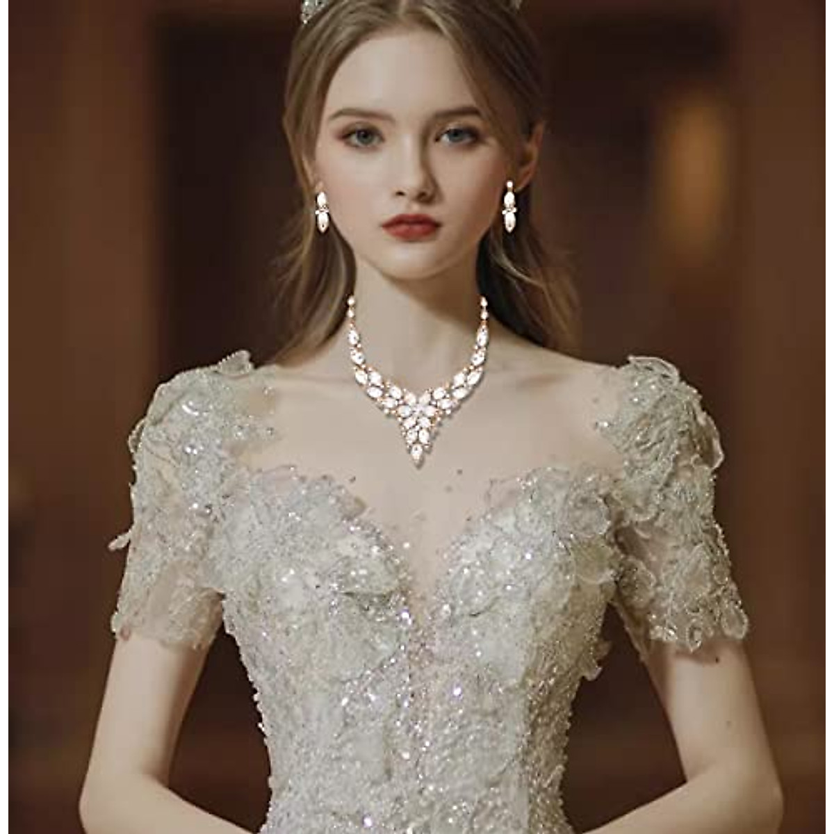 CSY Elegant Crystal Costume Jewelry Sets Flower Leaves Bridal Necklace Earrings Bracelet Set for Bride Bridesmaid Wedding Prom Dress Accessories (white crystal-gold tone)