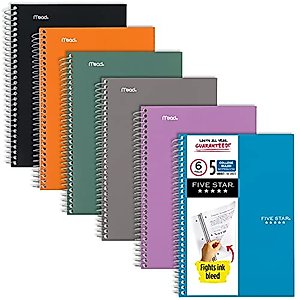 Five Star Small Spiral Notebooks, 6 Pack, 5-Subject, College Ruled Paper, 180 Sheets, Small, 9-1/2" x 6", Assorted Colors (73527)