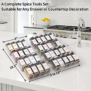 Brippo Spice Drawer Organizer with 35 Spice Jars, 328 Labels, Sift and Pour Shake Lids with Airtight Aluminium Caps, 4 Tier (2 Set) Clear Acrylic Drawer/Countertop Tray Rack with Seasoning Containers