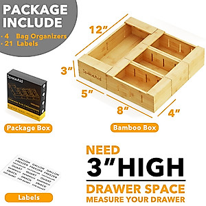 SpaceAid Bag Storage Organizer for Kitchen Drawer, Bamboo Organizer, Compatible with Gallon, Quart, Sandwich and Snack Variety Size Bag (4 Pack)