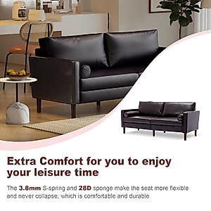 DIFY 77” Mid-Century Modern Loveseat Couch, Leather Faux Sofa with Two Upholstered Cushions, Comfortable Couch with Wooden Frame and 3 Seater, for Living Room, Bedroom, Office(Black)