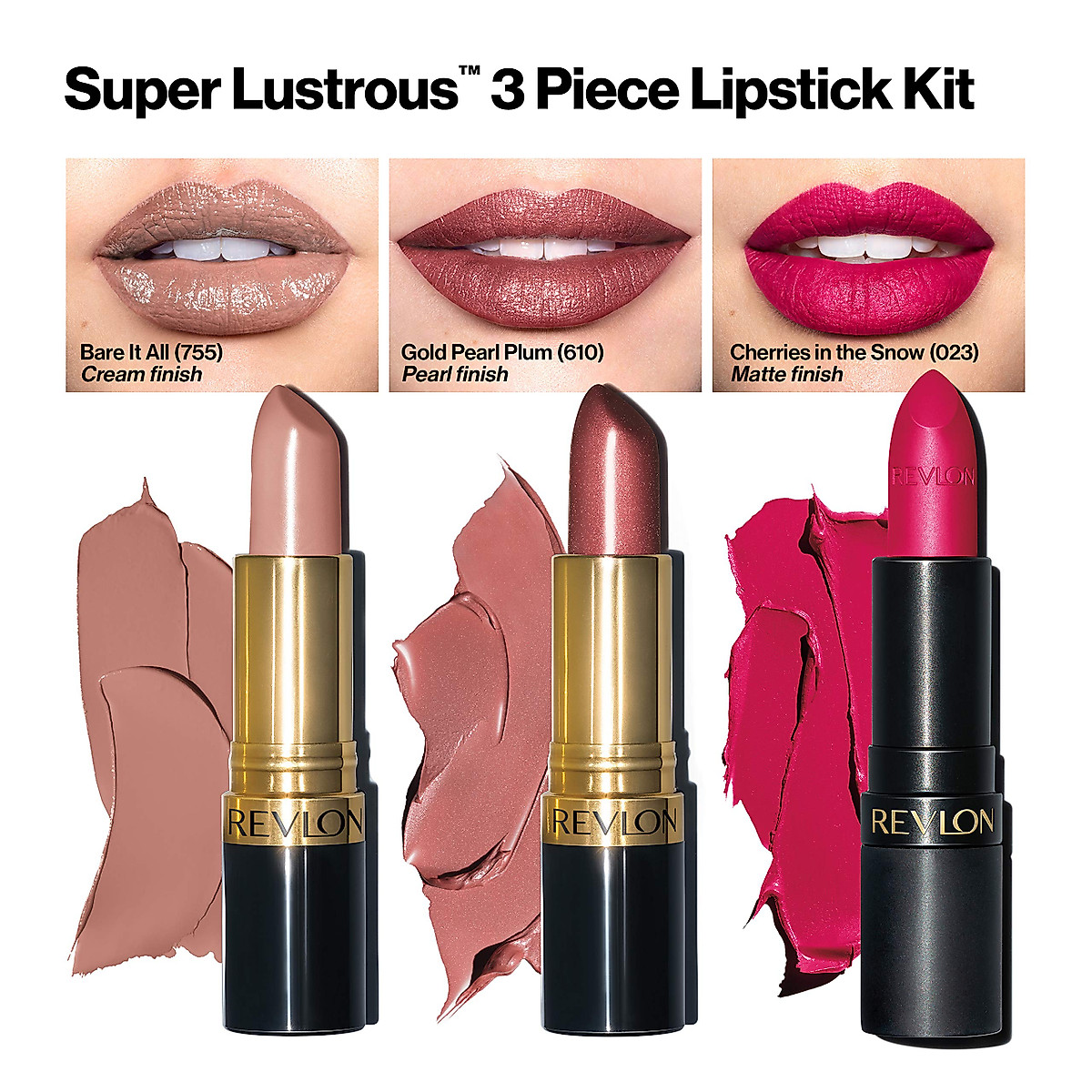 Revlon Super Lustrous 3-Piece Lipstick Gift Set, High Impact, Multi-Finish in Cream, Pearl & Matte, 755 Bare It All (Cream), 610 Gold Pearl Plum (Pearl), 023 Cherries in the Snow (Matte) (Pack of 3)