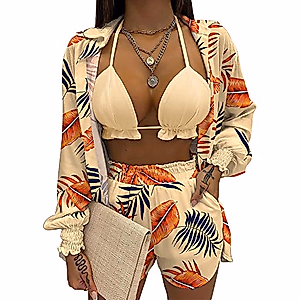 Women's Hawaiian 3 Piece Outfits Sets Floral Blouse Swimsuit Cover Ups Halter Bikini Top Mini Short Summer Beachwear Khaki XL