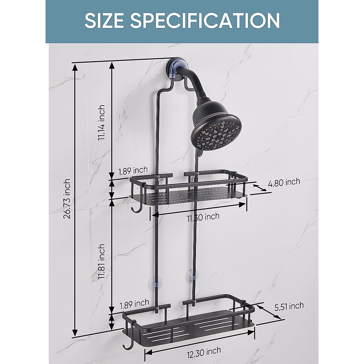 Cobbe Anti-Swing Shower Caddy Hanging with 4 Hooks for Towels/Sponge, No Drilling Bathroom Organizers and Storage Racks for Bathroom, Dorm and RV, Never Rust Aluminum, Large - Black