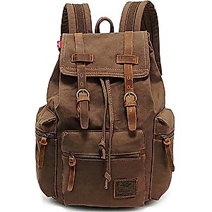 HuaChen Vintage Travel Canvas Leather Backpack for Men,Computers Laptop Backpacks Rucksack, Shoulder Camping Hiking Backpacks for Men Women (M32_Coffee)