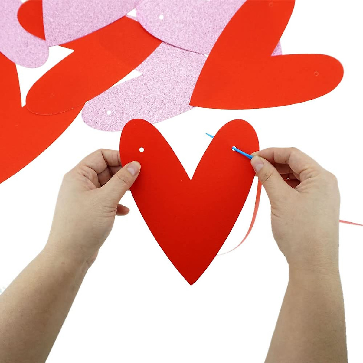 SaktopDeco Red Pink Glitter Heart Garland Banner Valentines Day Banner for Romantic Wedding Anniversary Party Fireplace Decorations