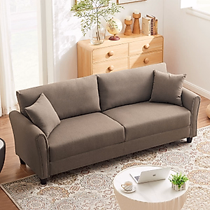 mikibama 85 Inches Mid-Century Modern Couch 3 Seater Long Sofa with 2 Throw Pillows Linen Fabric Upholstered Sofa with Rolled Armrest for Living Room, Bedroom (Light Brown)