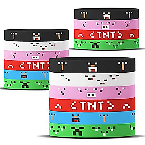 Gatherfun 16 Pack Pixel Miner Kraft Paper Gift Bags with Handle, 16 Pack Miner Crafting Style Silicone Bracelets for Mining Themed Party Video Game Party Birthday Party Decorations for Kids and Adults