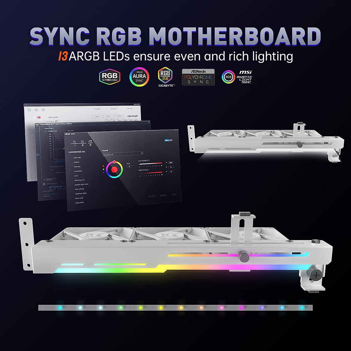 AsiaHorse Graphics Card Cooler with ARGB 5V 3Pin LED and Three 80mm Fans, RGB LED Graphics Card Holder, GPU Cooler Easy Installation-White